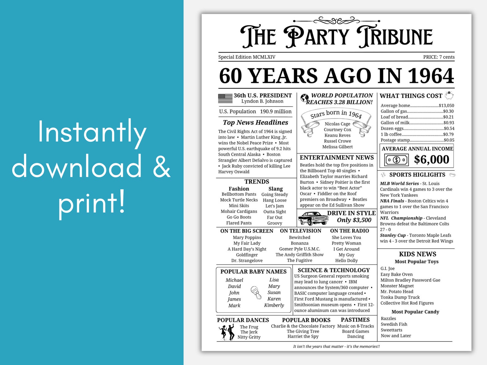 1964 Birthday Poster, 60th Birthday Newspaper, 1964 Newspaper Sign ...