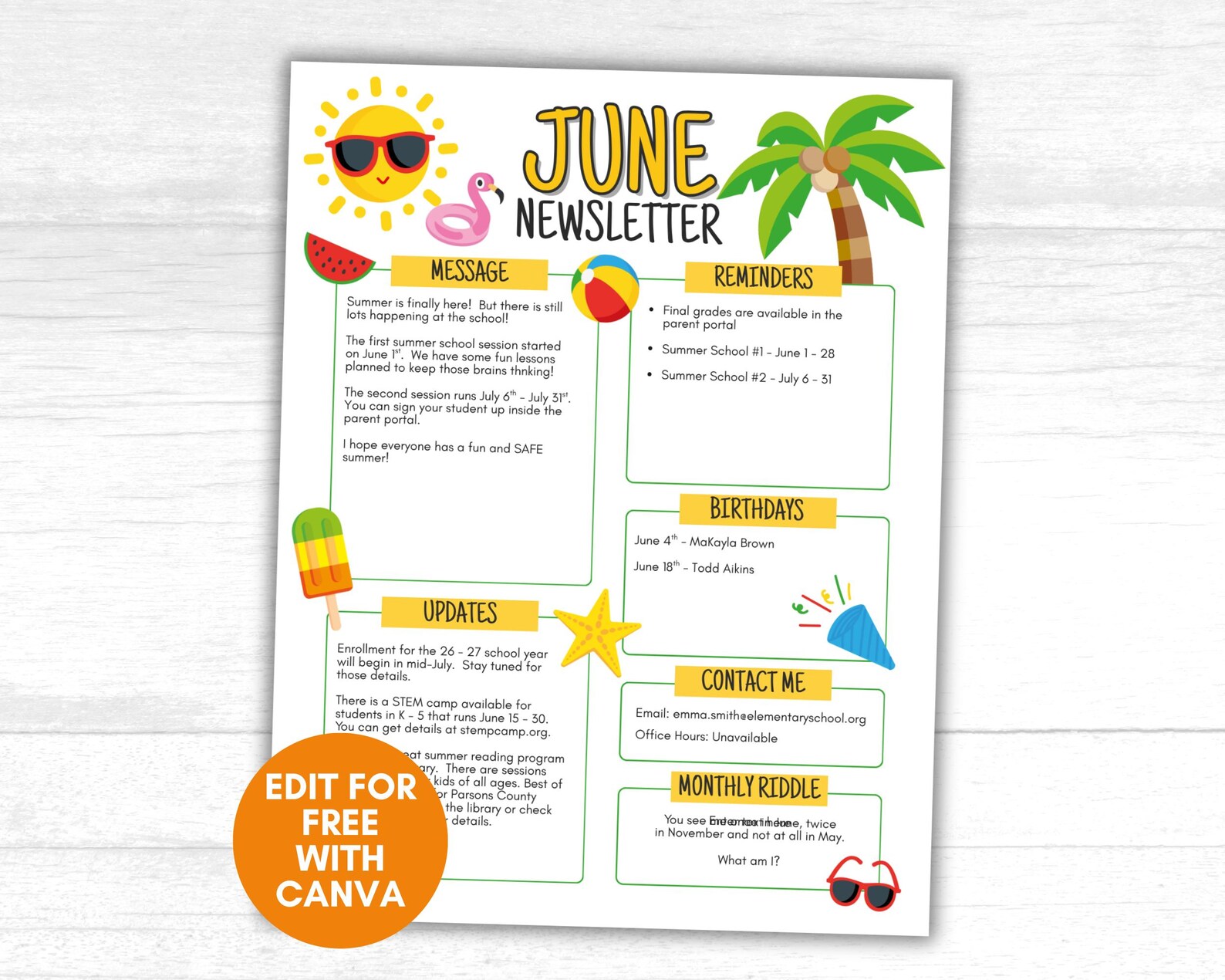June Classroom Newsletter Template, Summer School Classroom Newsletter ...