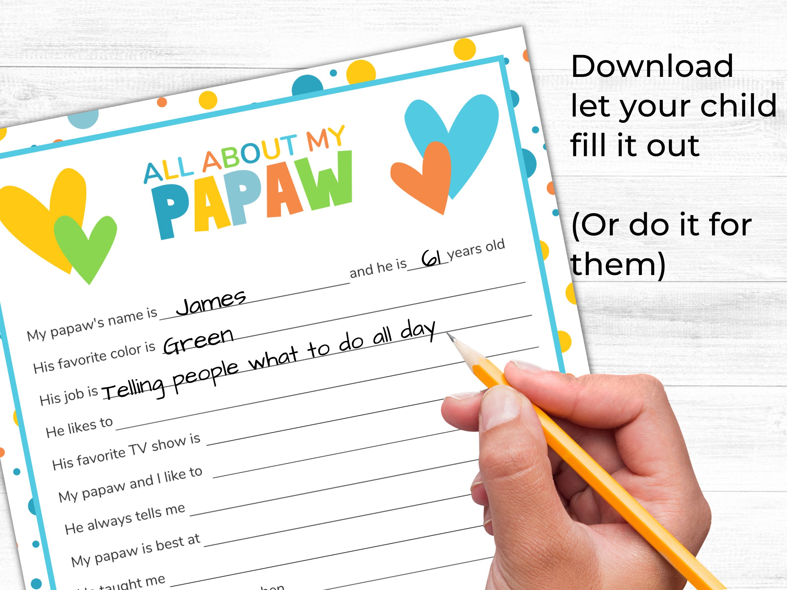 All About My Papaw Printable, Grandpa Father's Day Gift, All About ...