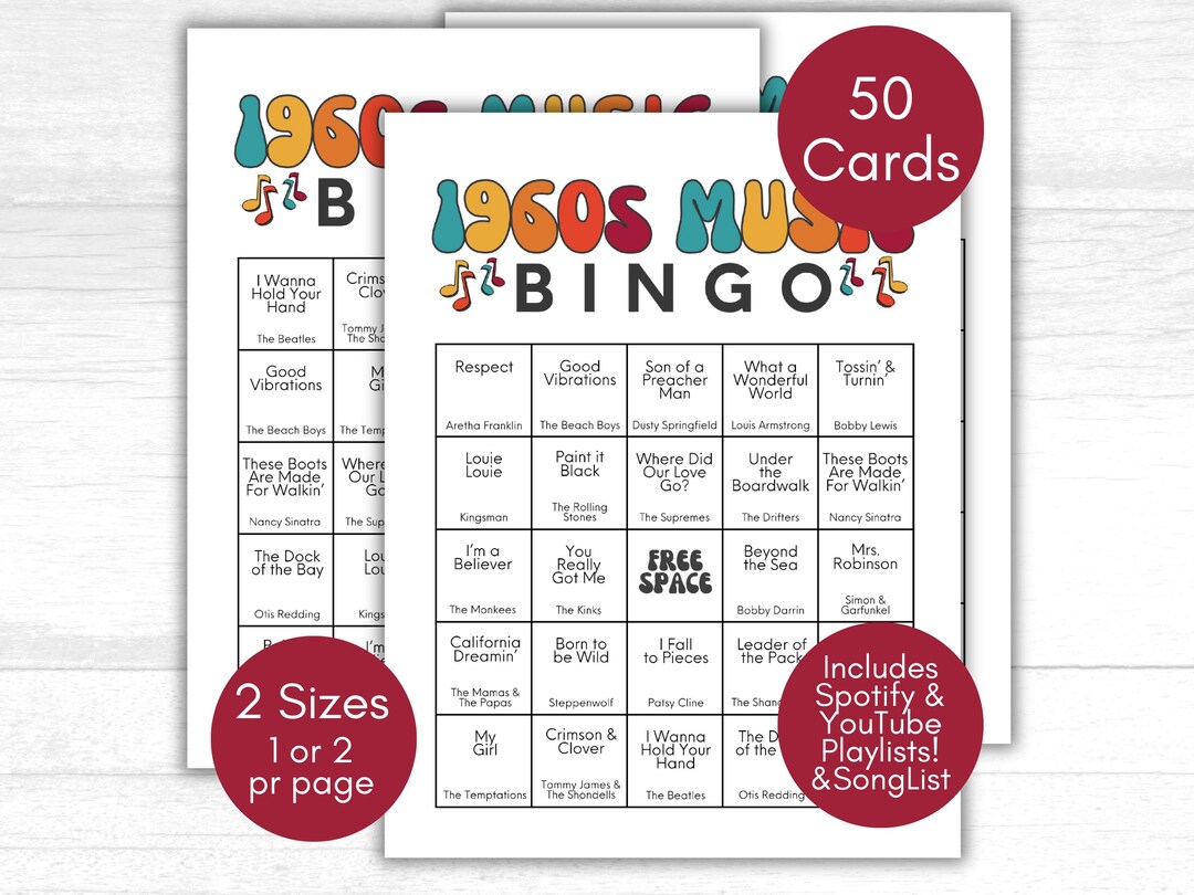 1960s Music Bingo, 1960s Game, Music Bingo Game, 60s Party, 60s Party ...