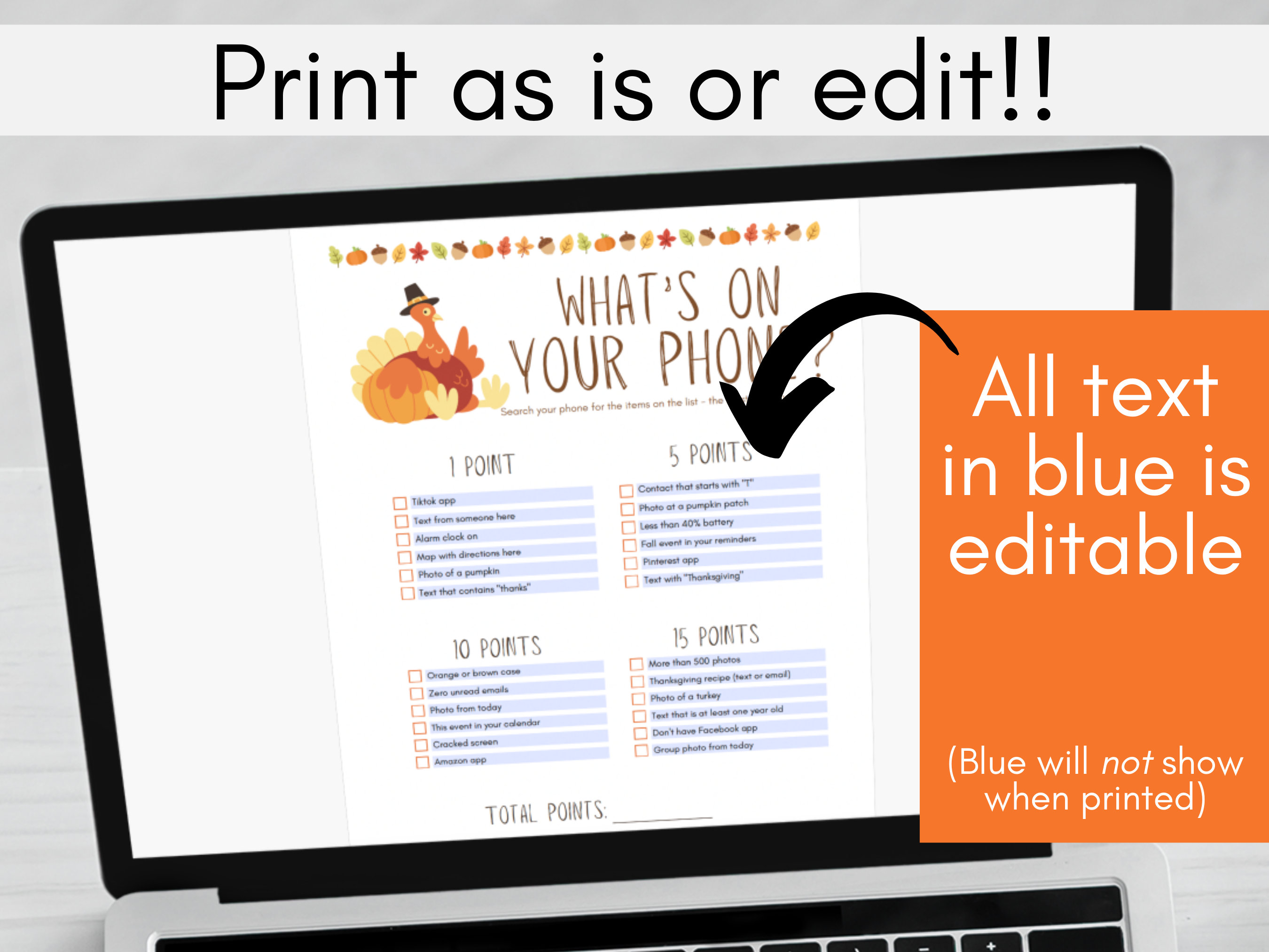 Editable Thanksgiving What's on Your Phone Game, Printable Thanksgiving ...