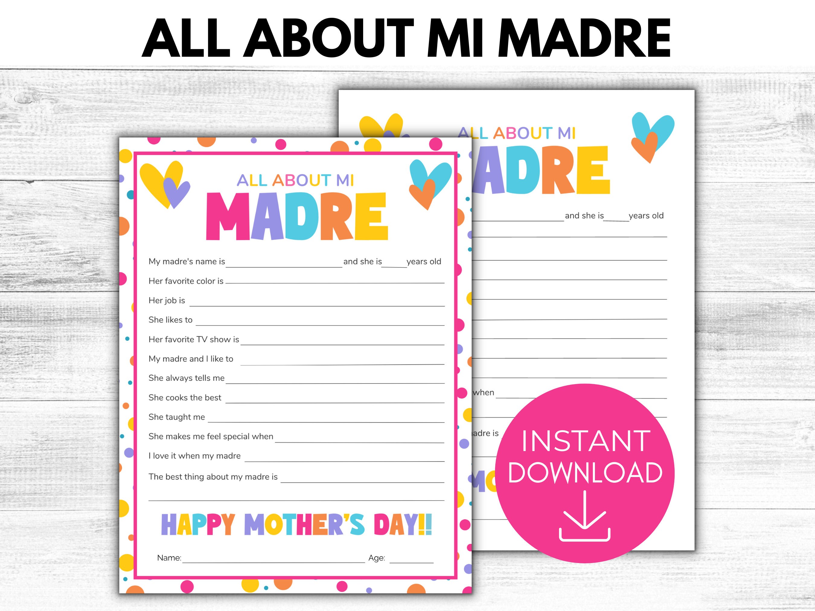 All About Mi Madre Printable, Mother's Day Gift, All About Mom Keepsake ...