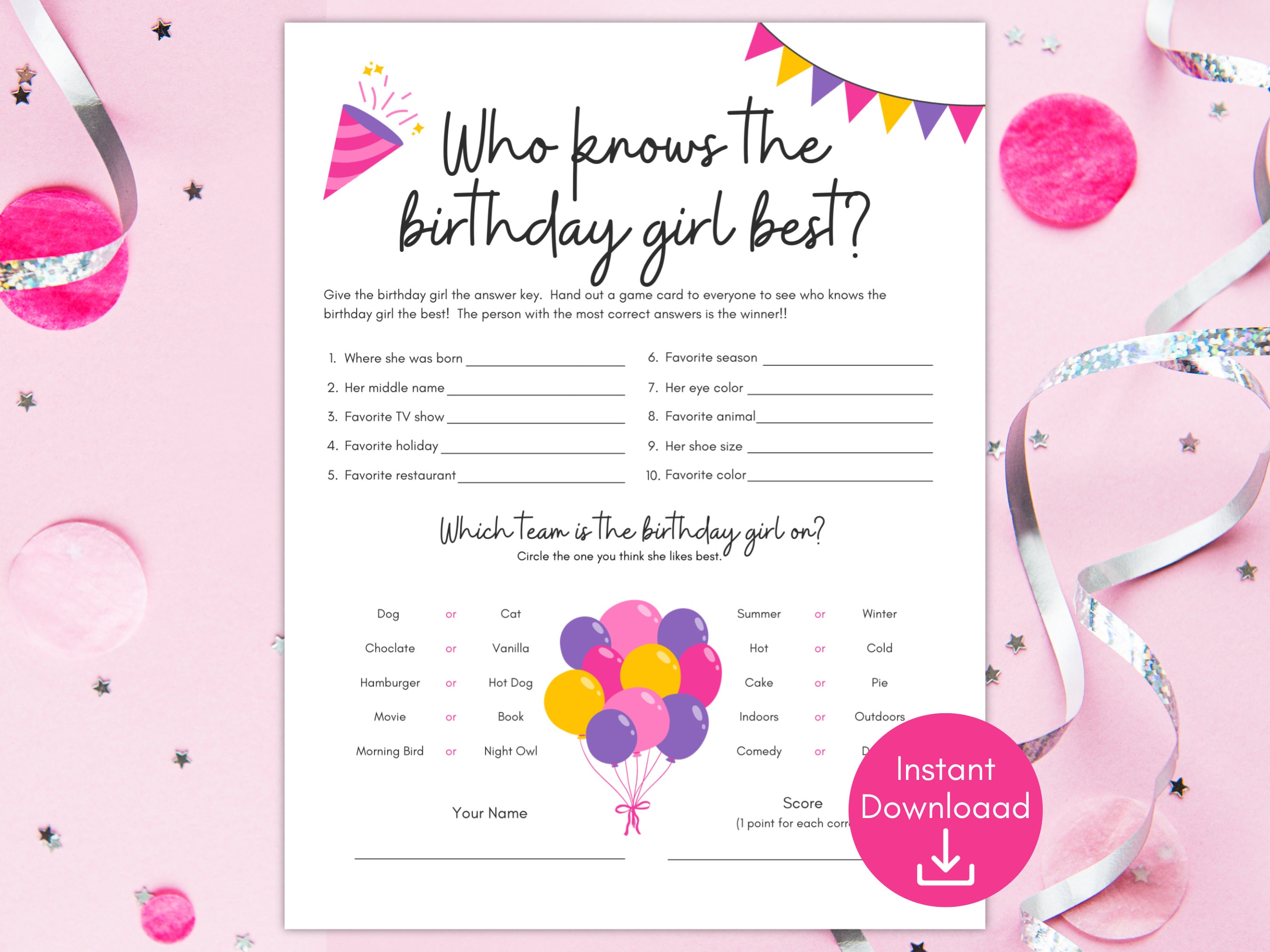 Who Knows the Birthday Girl Best, Birthday Quiz, Birthday Questionnaire ...