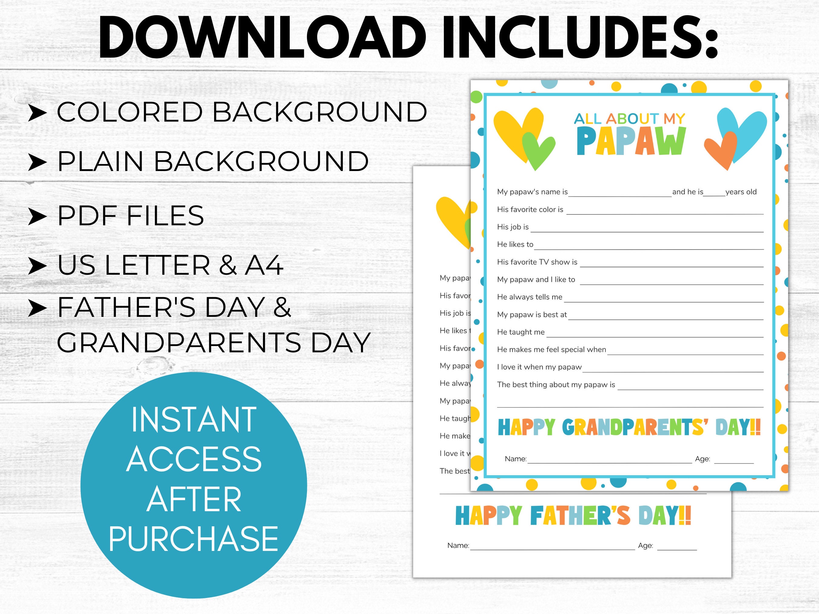 All About My Papaw Printable, Grandpa Father's Day Gift, All About ...