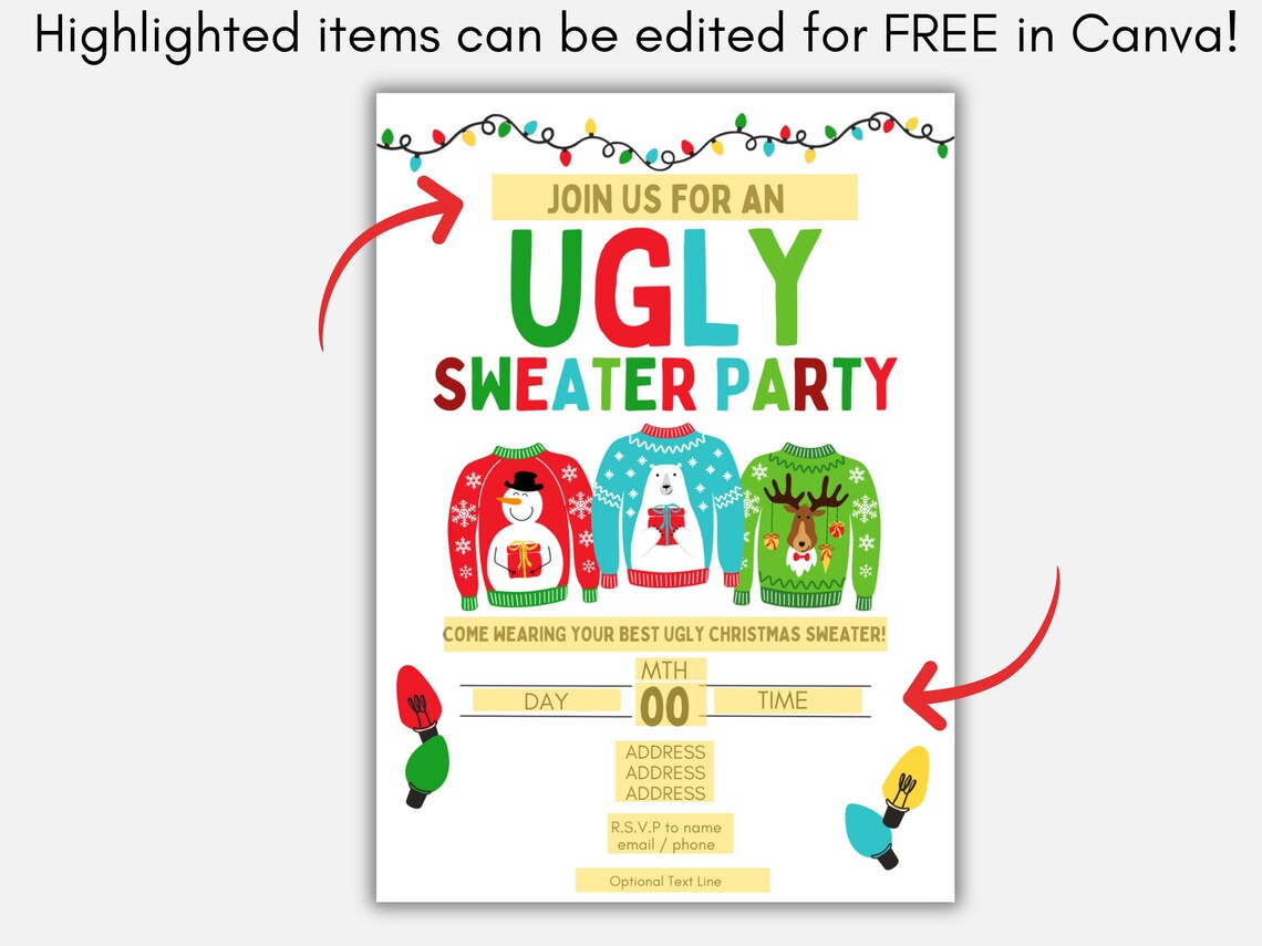 Editable Ugly Christmas Sweater Party Invitation, Ugly Sweater ...