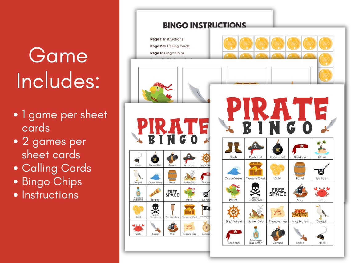 Pirate Bingo, 50 Printable Pirate Bingo Cards, Pirate Birthday Party ...