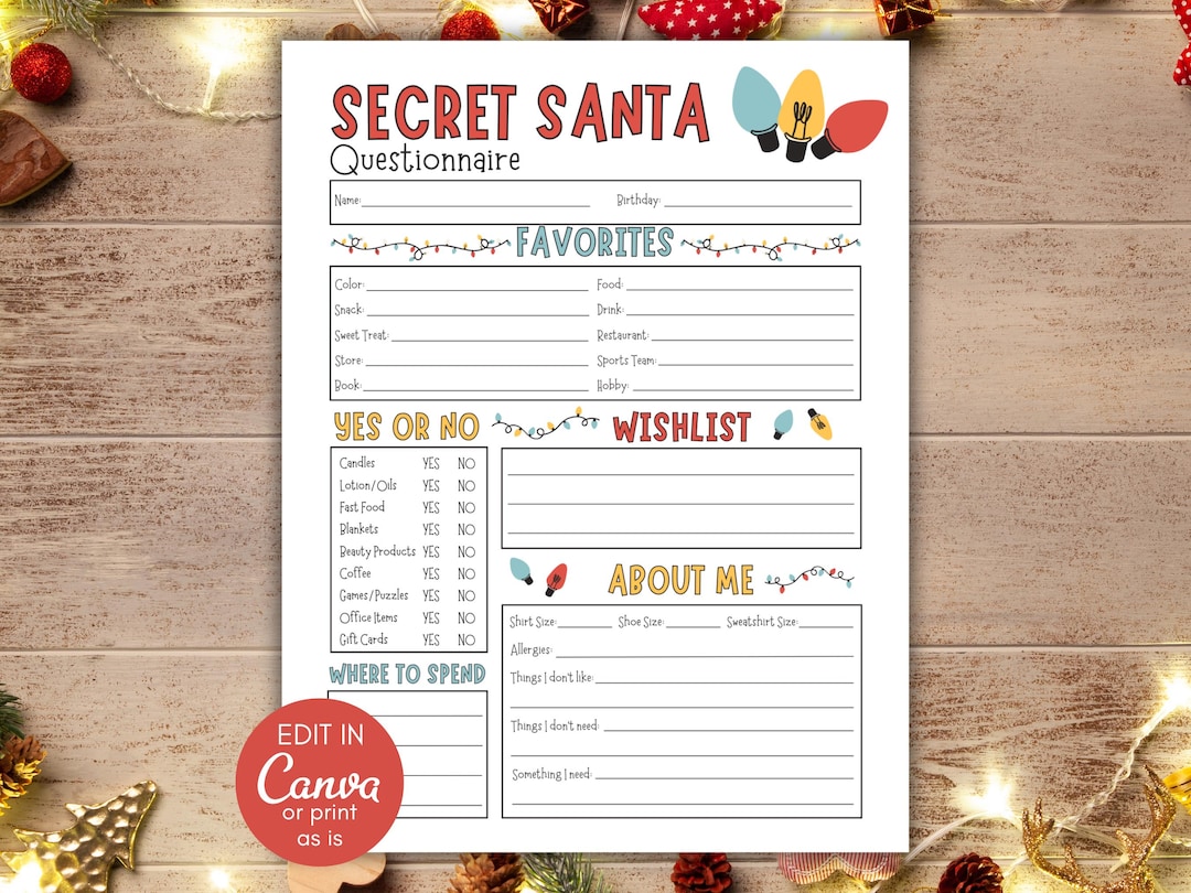 Printable Secret Santa Questionnaire, Secret Santa Survey, Editable ...