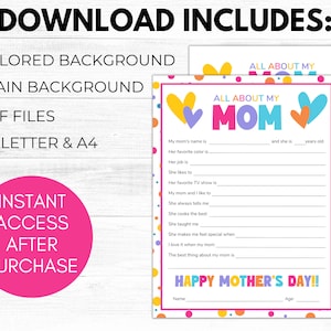 All About My Mom Printable, Mother's Day Gift, All About Mom Keepsake ...