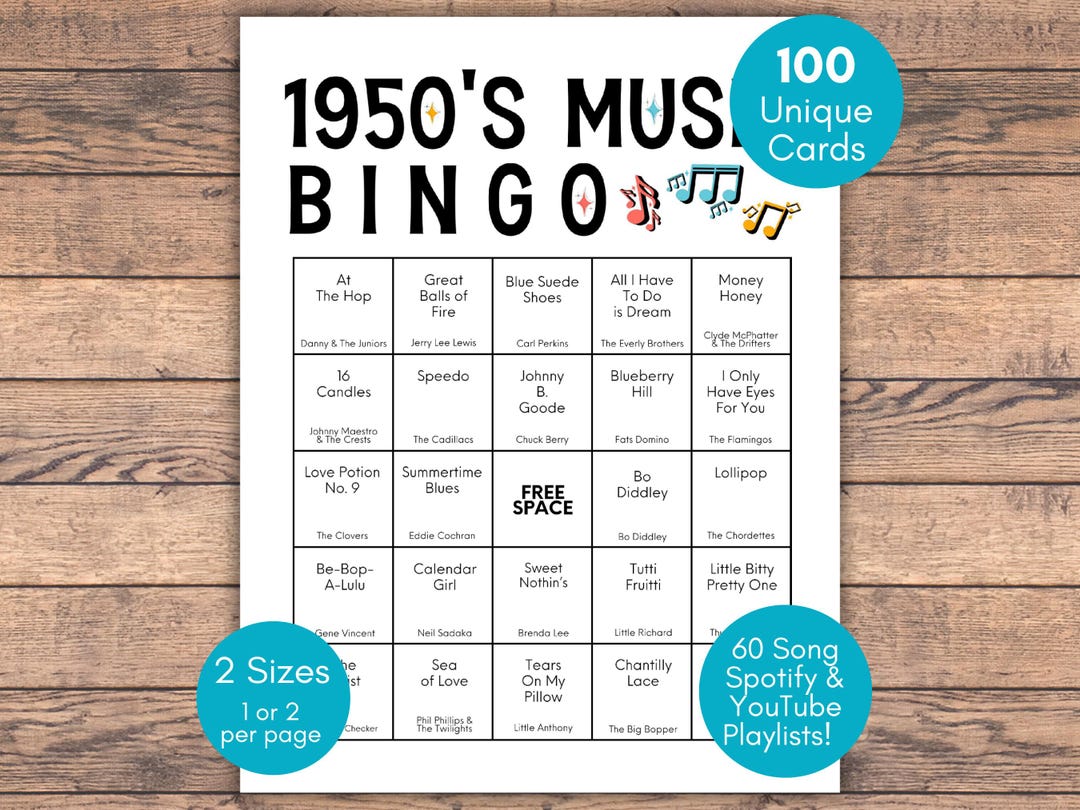 50s Music Bingo, Golden Oldies Music Game, Retro Party Game, Classic ...