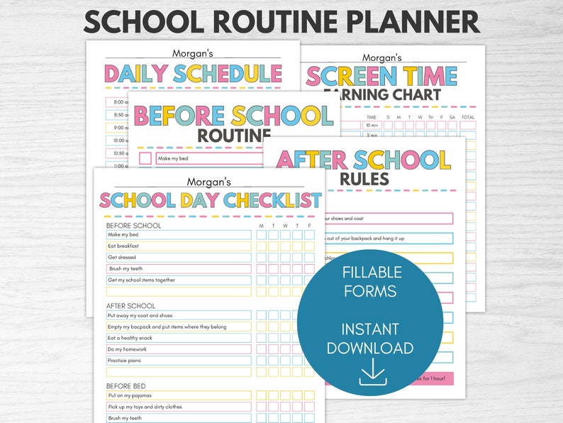 Editable School Planner, Kids School Day Checklist, Routine Chart ...