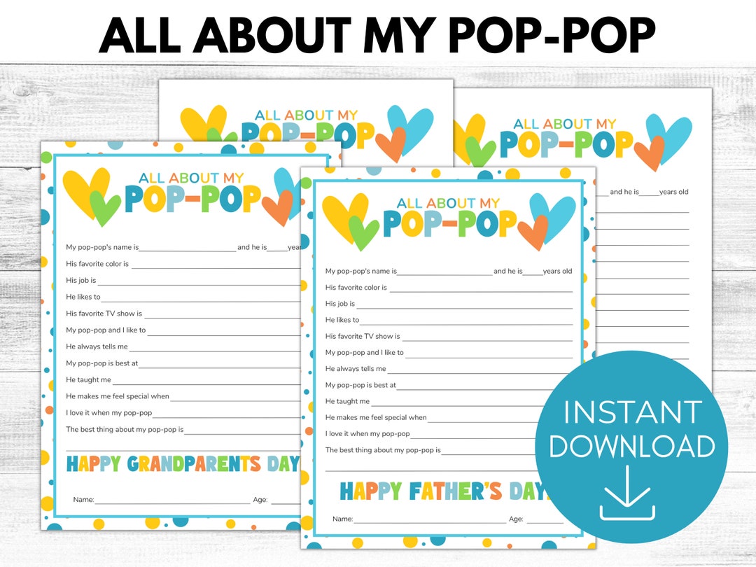 All About My Pop-pop Printable, Grandpa Father's Day Gift, All About ...