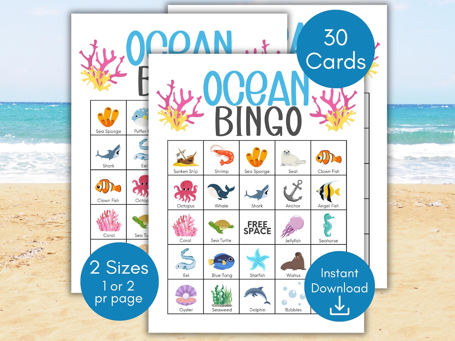 Ocean Bingo, Under the Sea Bingo, 30 Printable Ocean Bingo Cards ...