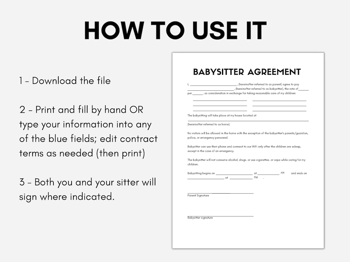 Childcare Contract Template, Editable Nanny Agreement, Babysitting ...