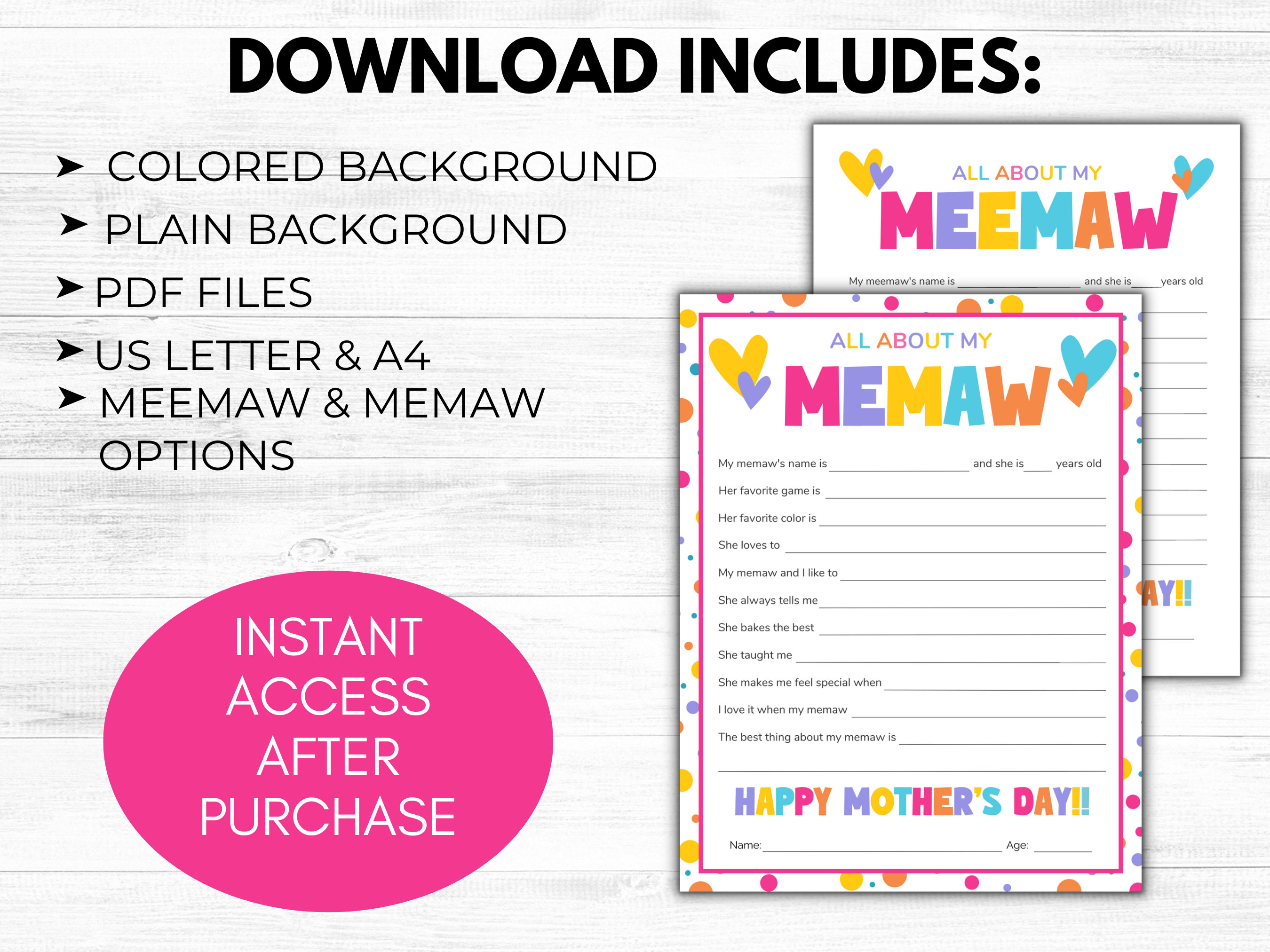 All About My Memaw Printable, All About My Meemaw, Grandma Mother's Day ...