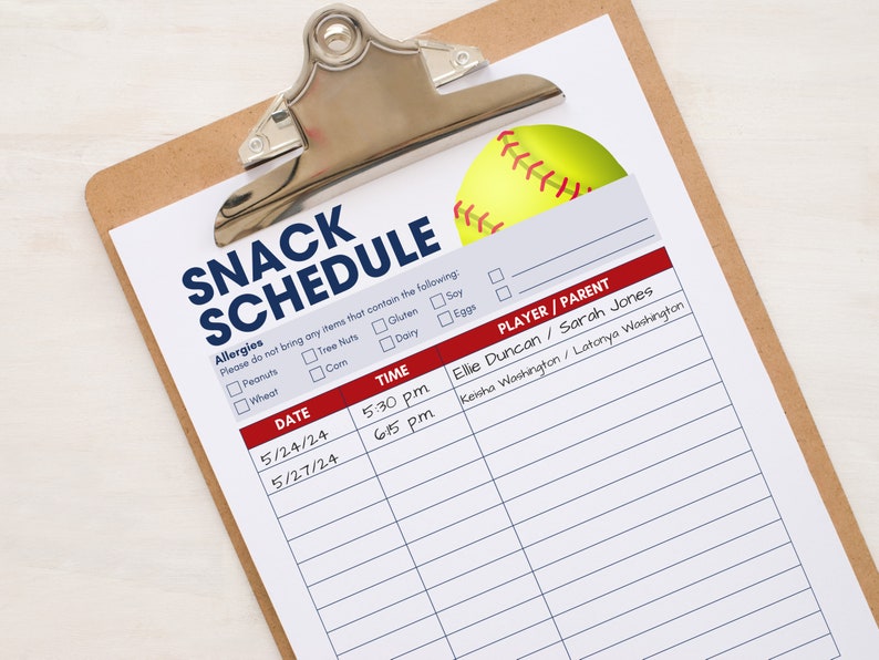Softball Snack Schedule, Softball Snack Sign up Sheet Template, Tball ...