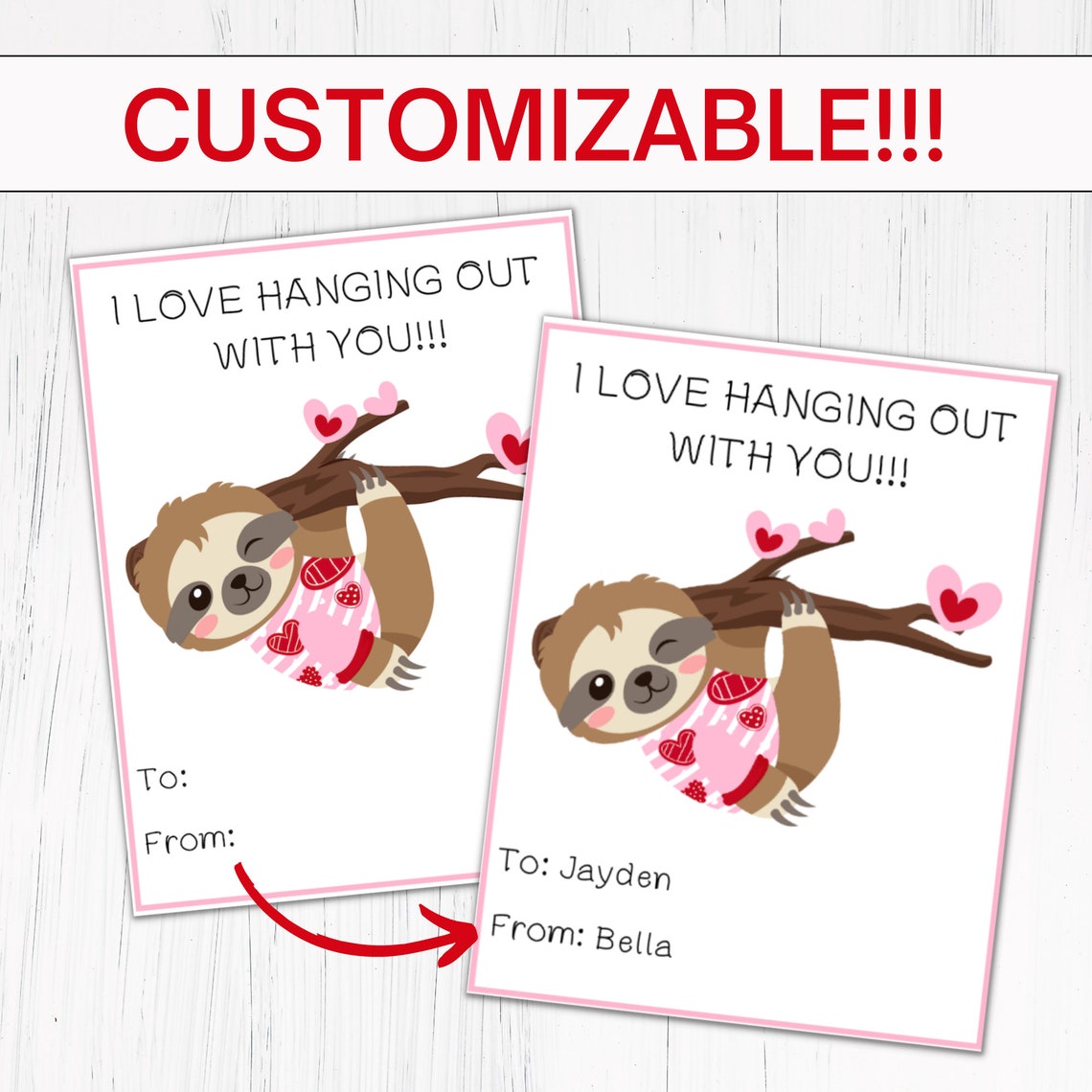 Sloth Valentine Card Printable, Kids Classroom Valentines, Instant ...