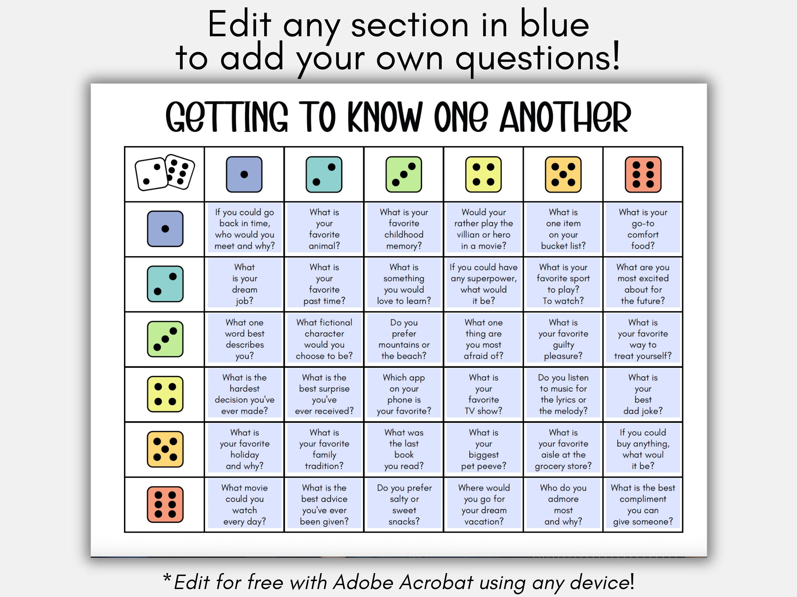 Dicebreaker Game, Roll and Tell Game, Icebreaker Questions, Back to ...