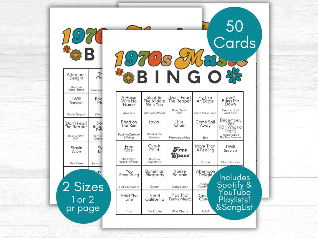 1970s Music Bingo, 1970s Game, Music Bingo Game, 70s Party, 70s Party ...