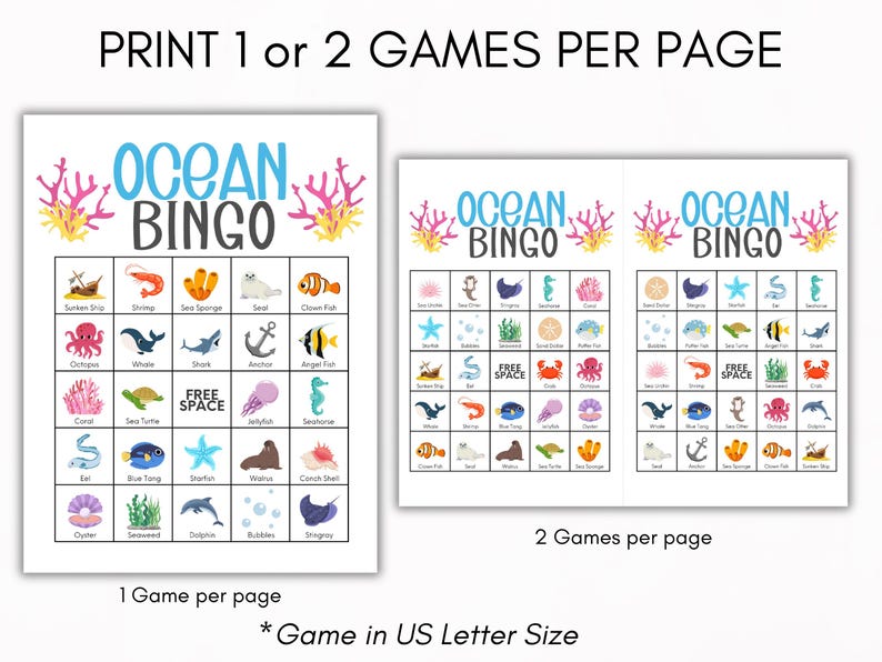 Ocean Bingo, Under the Sea Bingo, 30 Printable Ocean Bingo Cards ...