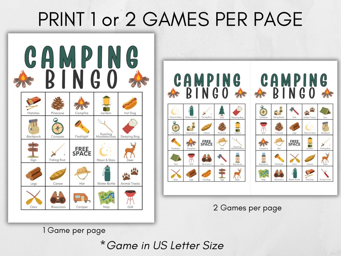 Camping Bingo Cards Printable Game, Camping Party Game, Camping ...