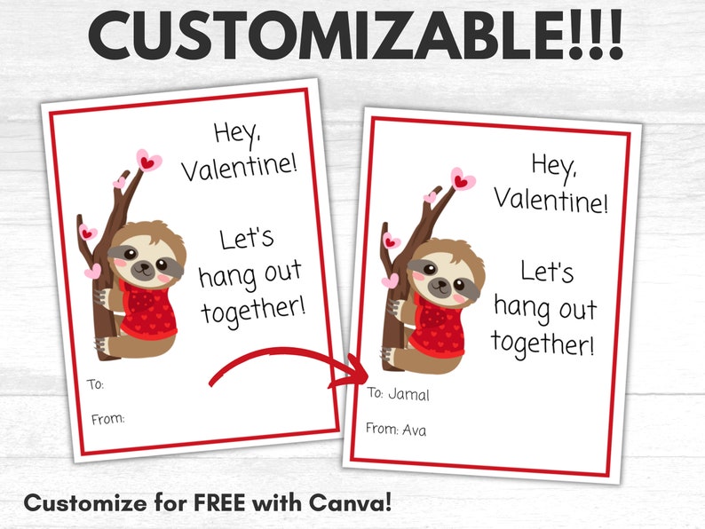 Sloth Valentine Card Printable, Kids Classroom Valentines, Instant ...