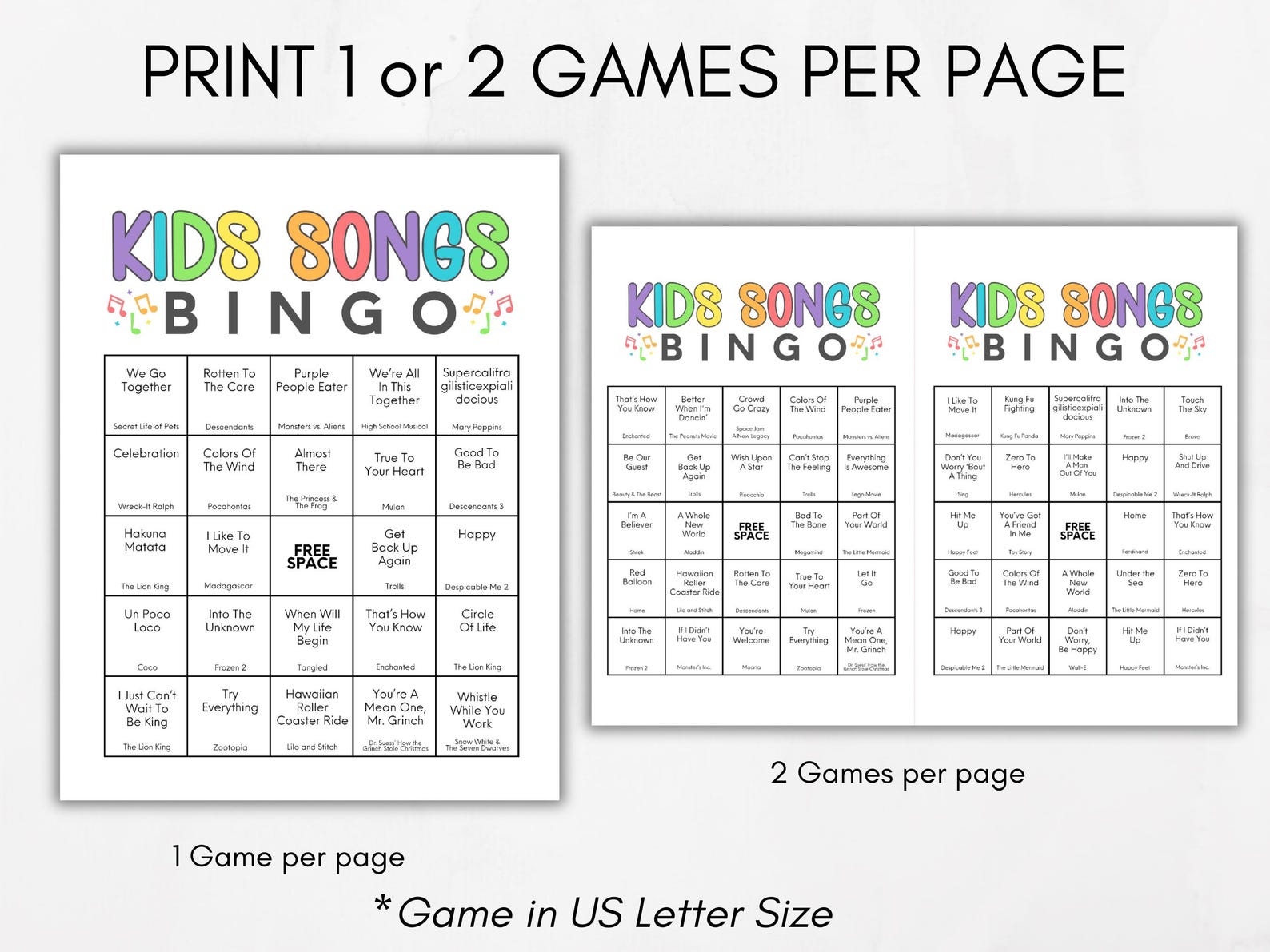 Kids Songs Bingo, Kids Music Bingo, Kids Movie Songs Bingo, Music Bingo ...