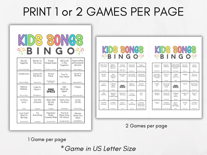 Kids Songs Bingo, Kids Music Bingo, Kids Movie Songs Bingo, Music Bingo ...