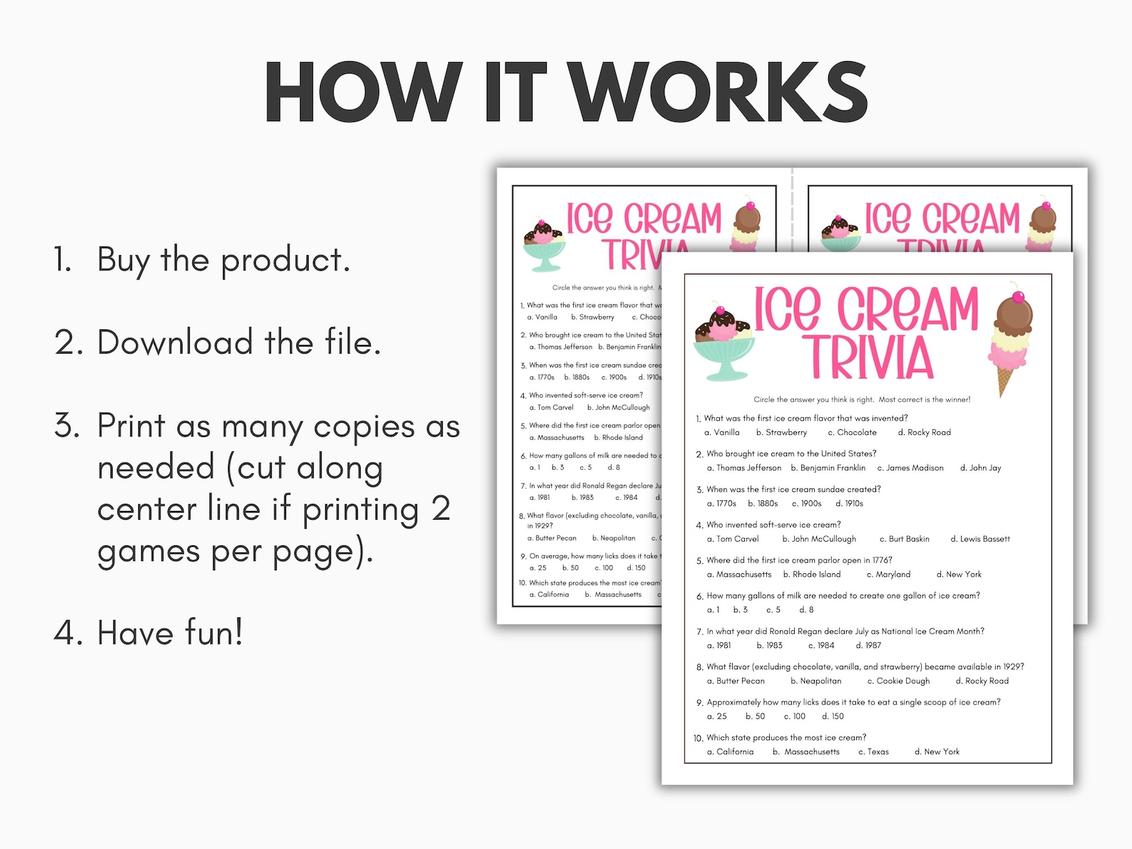 Ice Cream Trivia Game, Printable Ice Cream Party Game, Summer Activity ...