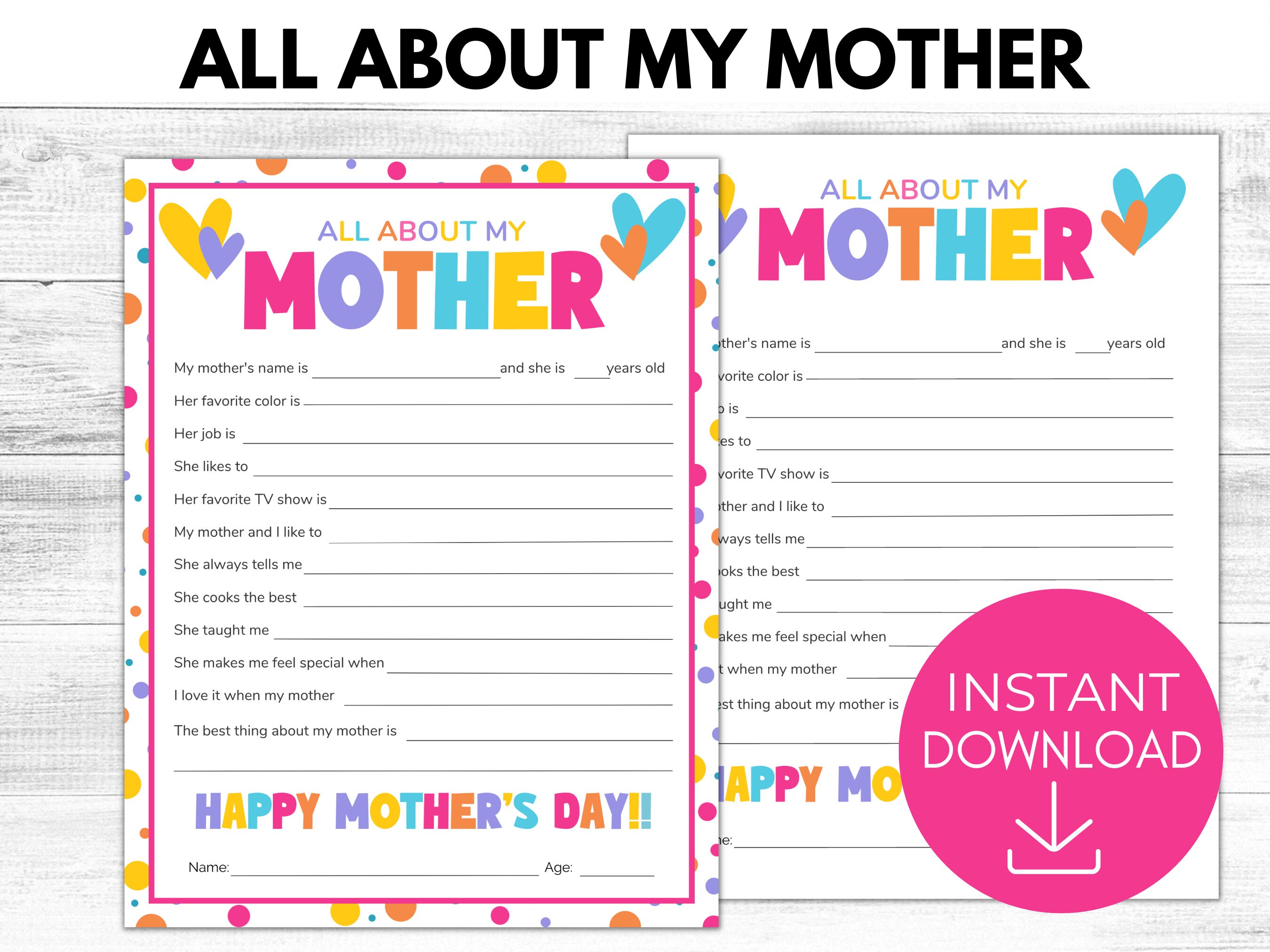 All About My Mother Printable, Mother's Day Gift, All About Mom ...
