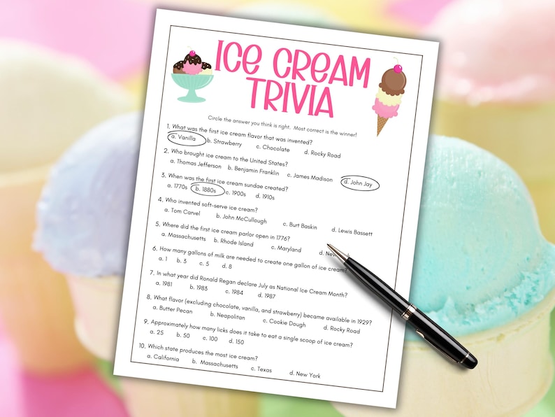 Ice Cream Trivia Game, Printable Ice Cream Party Game, Summer Activity ...