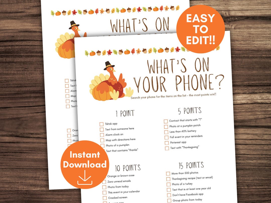 Editable Thanksgiving What's on Your Phone Game, Printable Thanksgiving ...
