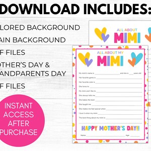 All About My Mimi Printable, Grandma Mother's Day Gift, All About ...