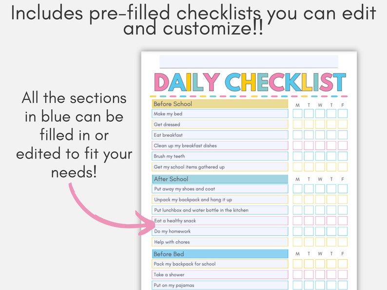 Editable School Planner, Kids School Day Checklist, Routine Chart ...