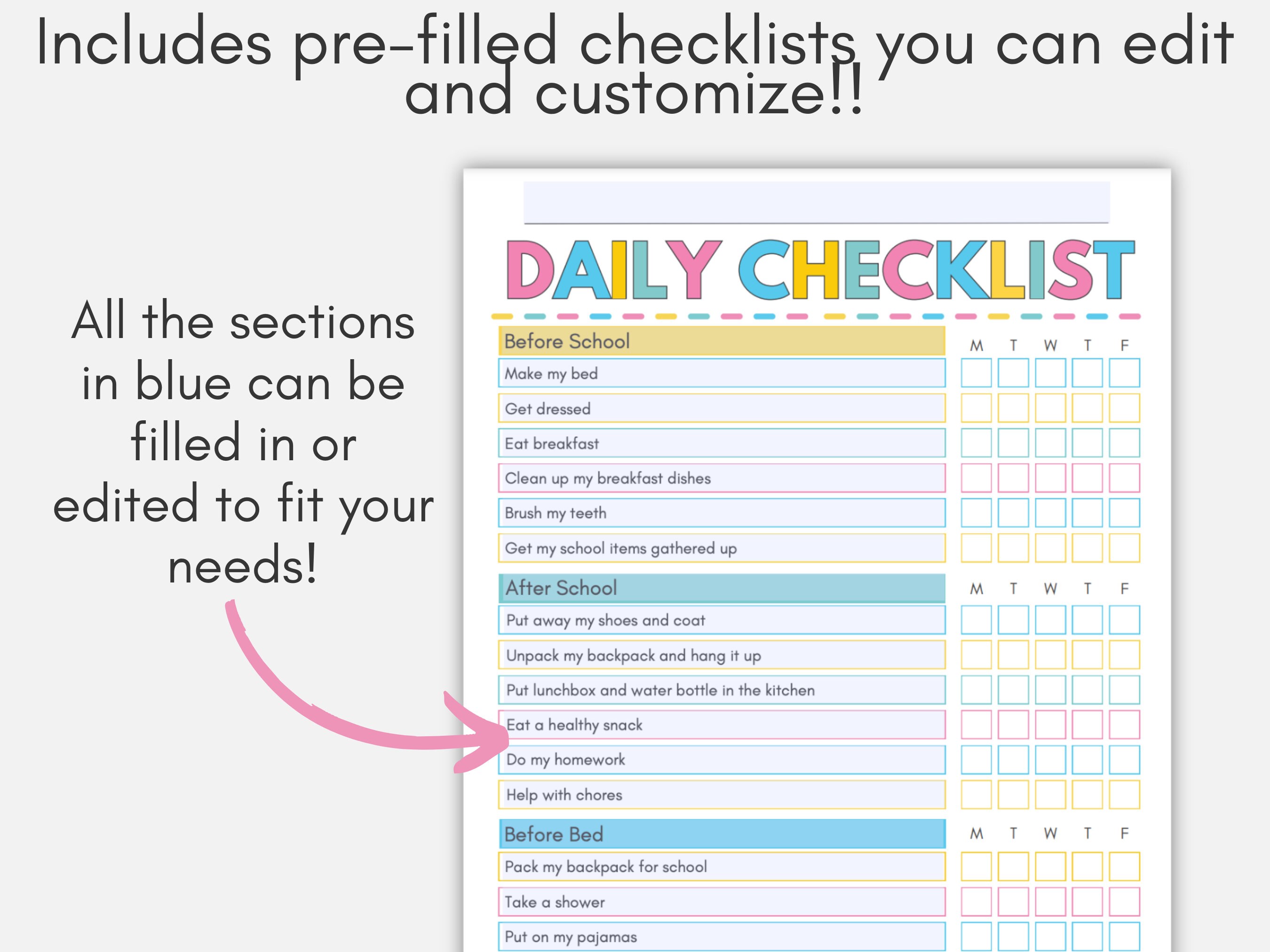 Editable School Planner, Kids School Day Checklist, Routine Chart ...