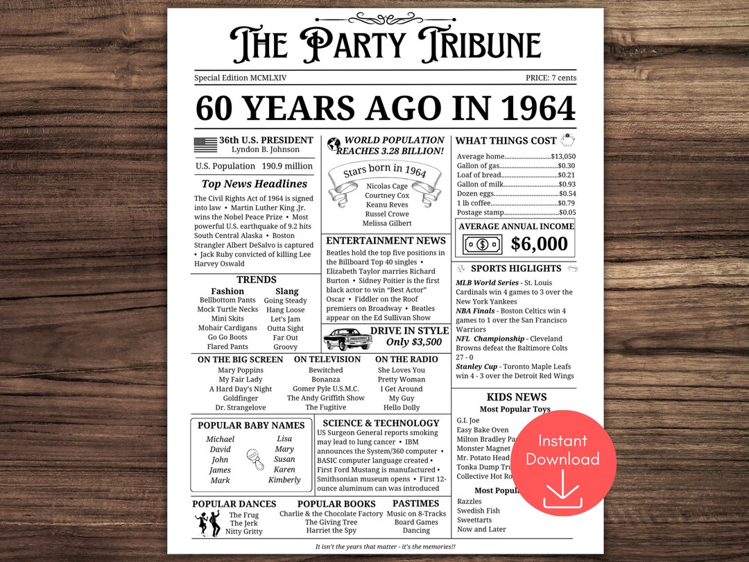 1964 Birthday Poster, 60th Birthday Newspaper, 1964 Newspaper Sign ...