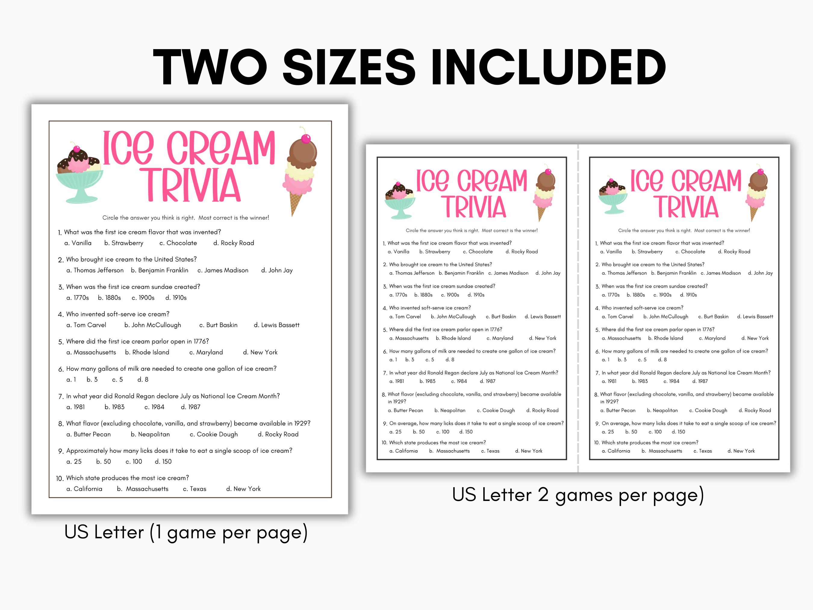 Ice Cream Trivia Game, Printable Ice Cream Party Game, Summer Activity ...