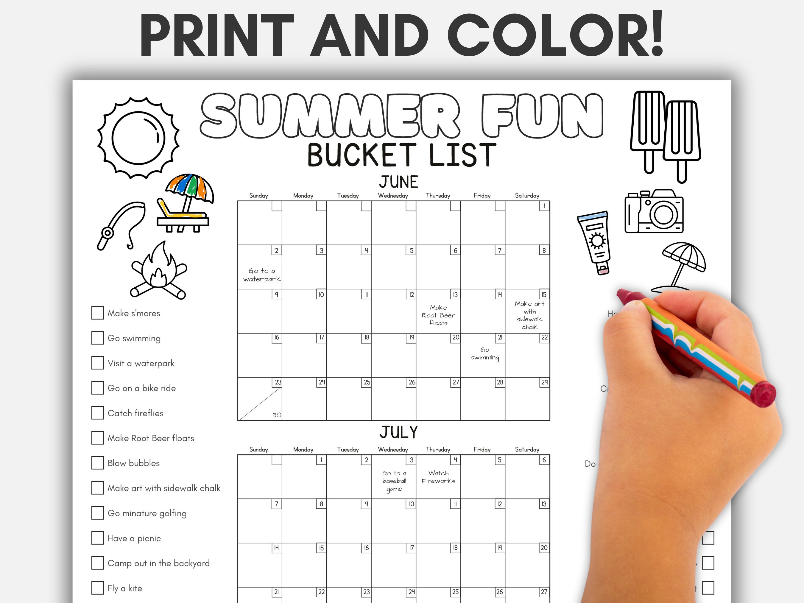 Printable Summer Calendar Poster, Summer Bucket List, Summer of Fun ...