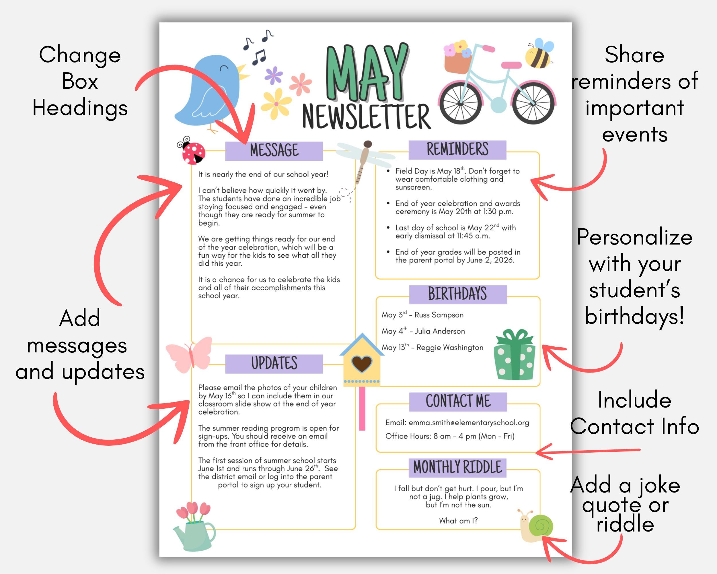 May Classroom Newsletter Template, Mother's Day Classroom Newsletter ...
