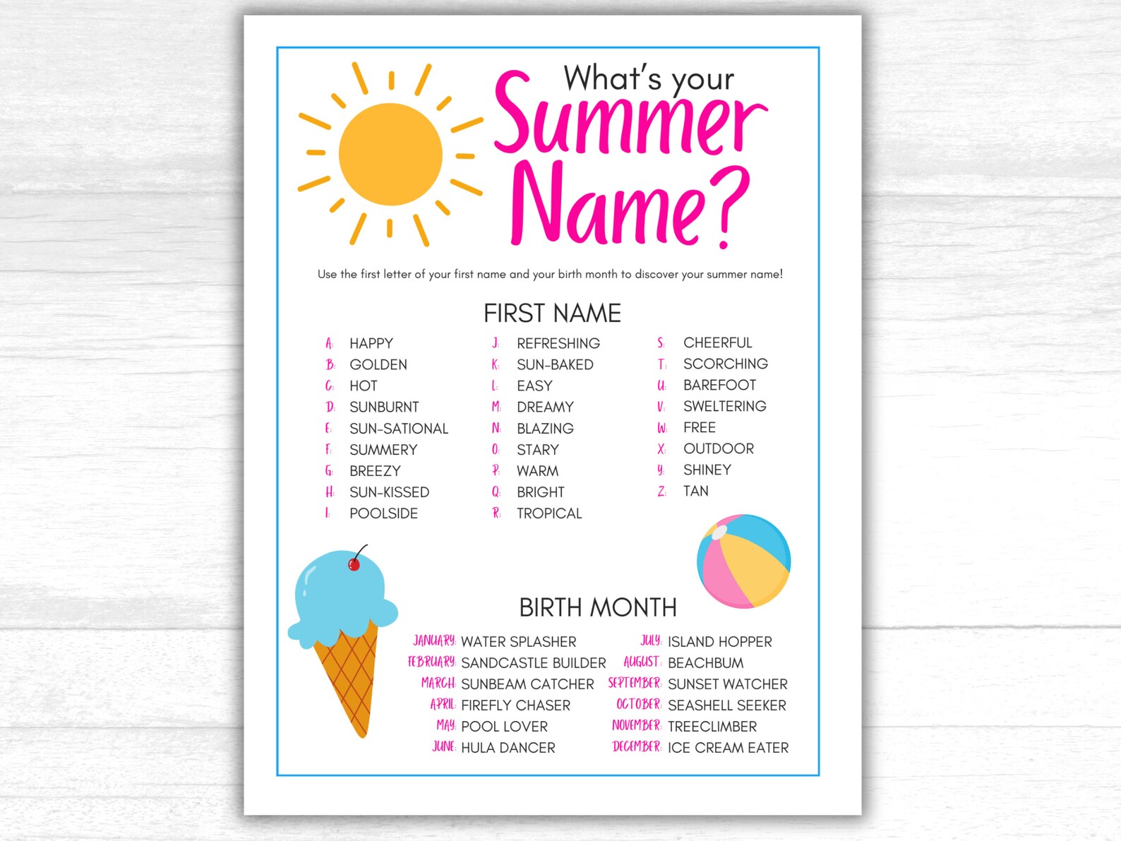 What's Your Summer Name Game With Sign and Name Tags, Summer Name ...