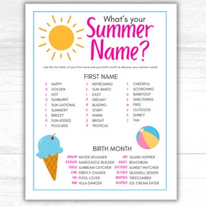 What's Your Summer Name Game With Sign and Name Tags, Summer Name ...