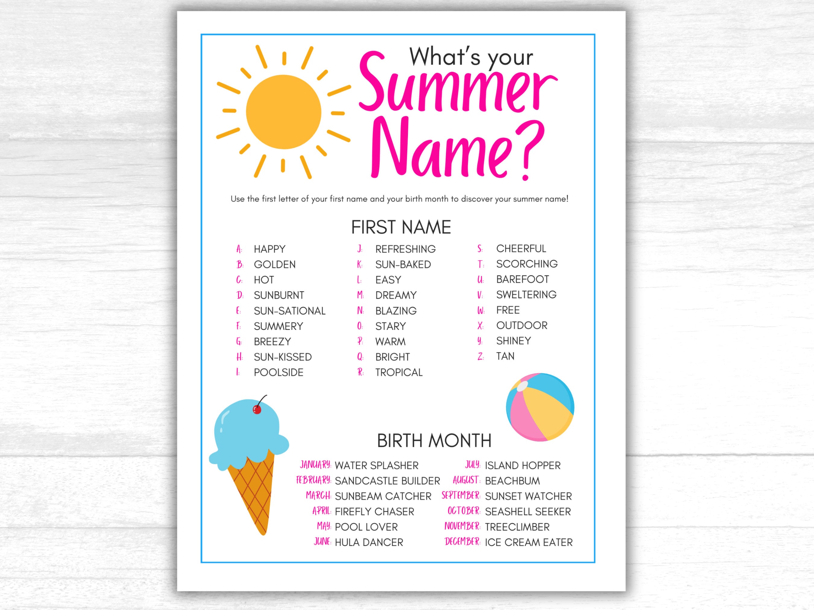 What's Your Summer Name Game With Sign and Name Tags, Summer Name ...