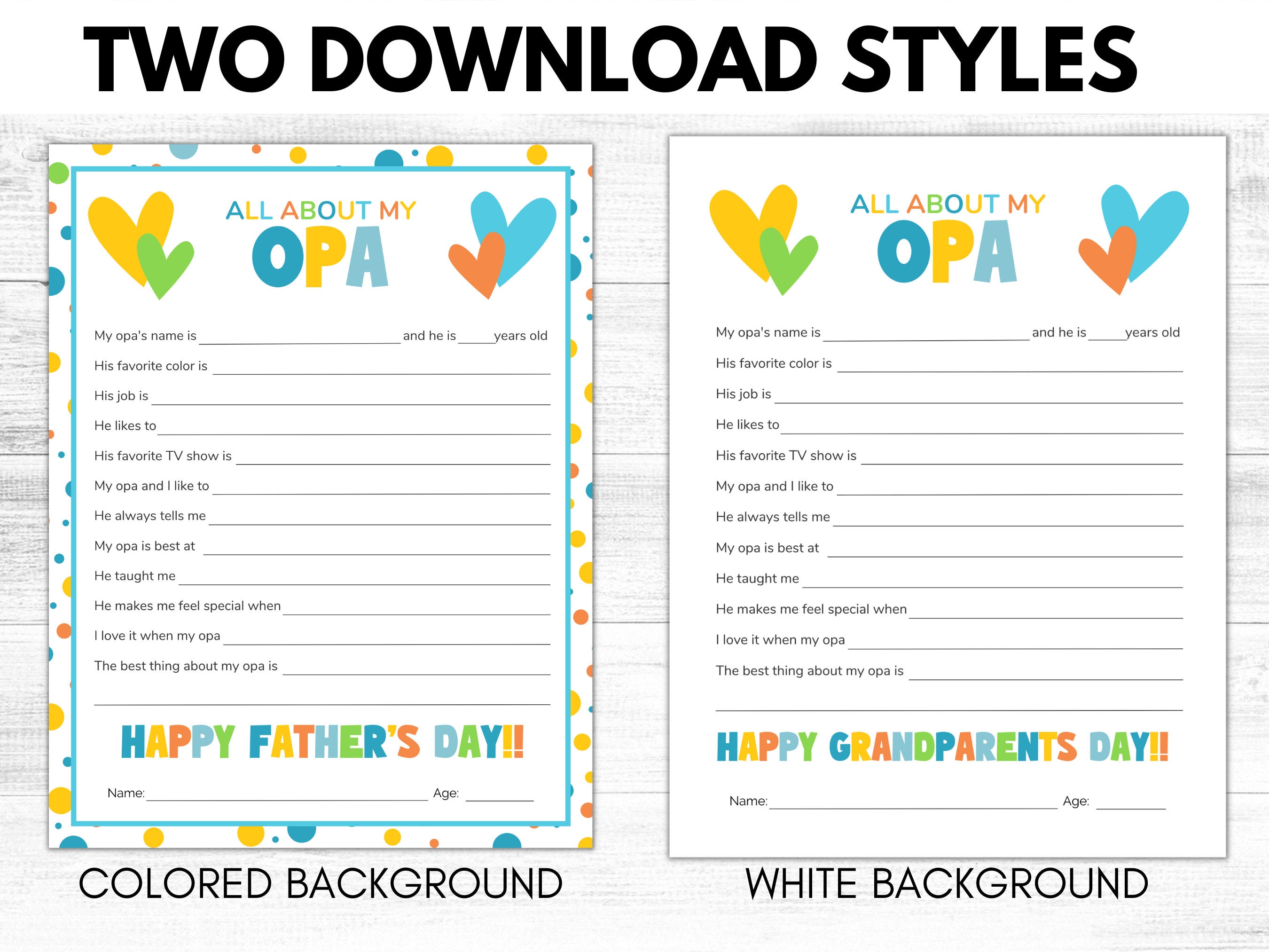 All About My Opa Printable, Grandpa Father's Day Gift, All About ...