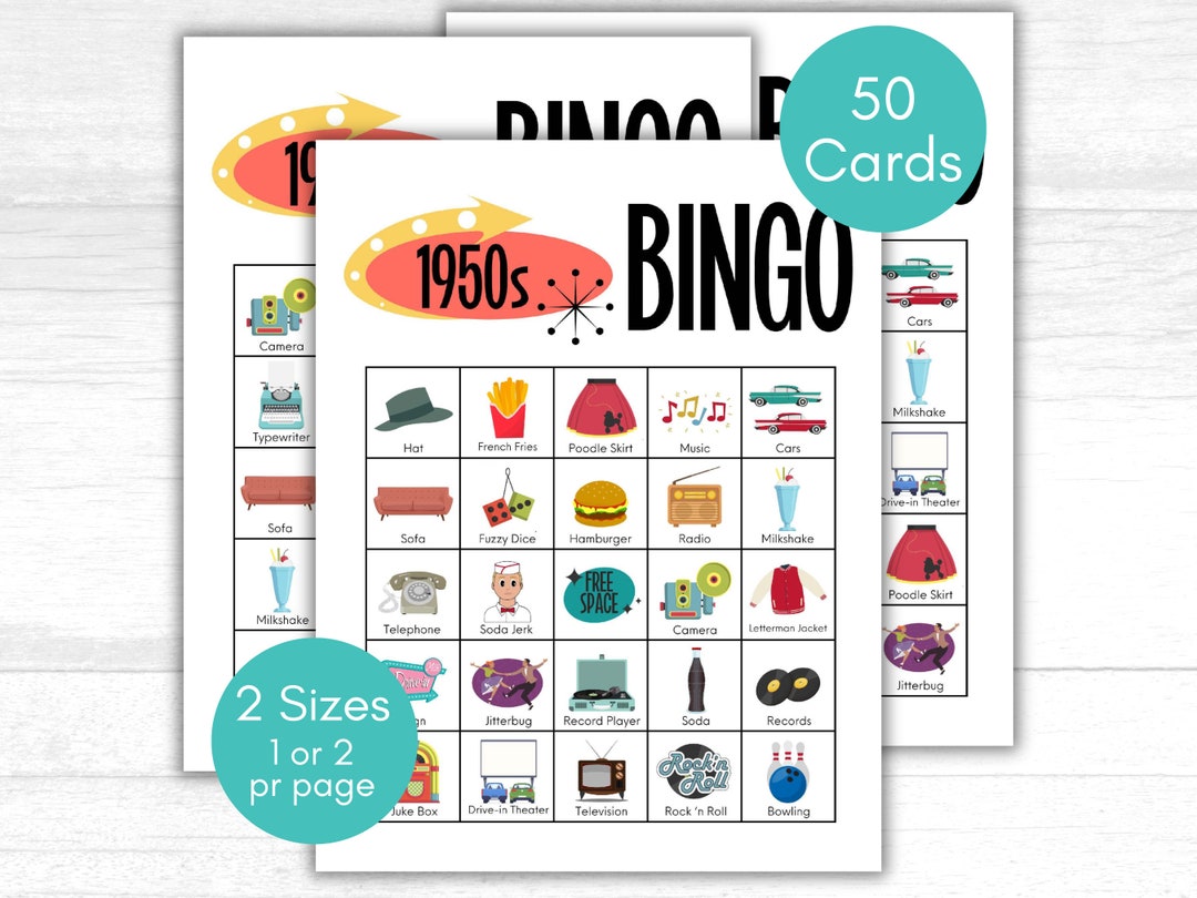 1950s Bingo, 50s Bingo, 50s Game, 1950s Bingo Cards, 50s Party Game ...