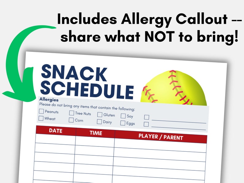 Softball Snack Schedule, Softball Snack Sign up Sheet Template, Tball ...