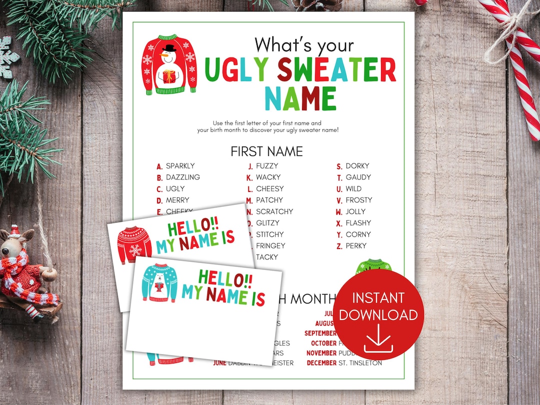 What's Your Ugly Sweater Name Game With Nametag & Signs, Ugly Christmas ...