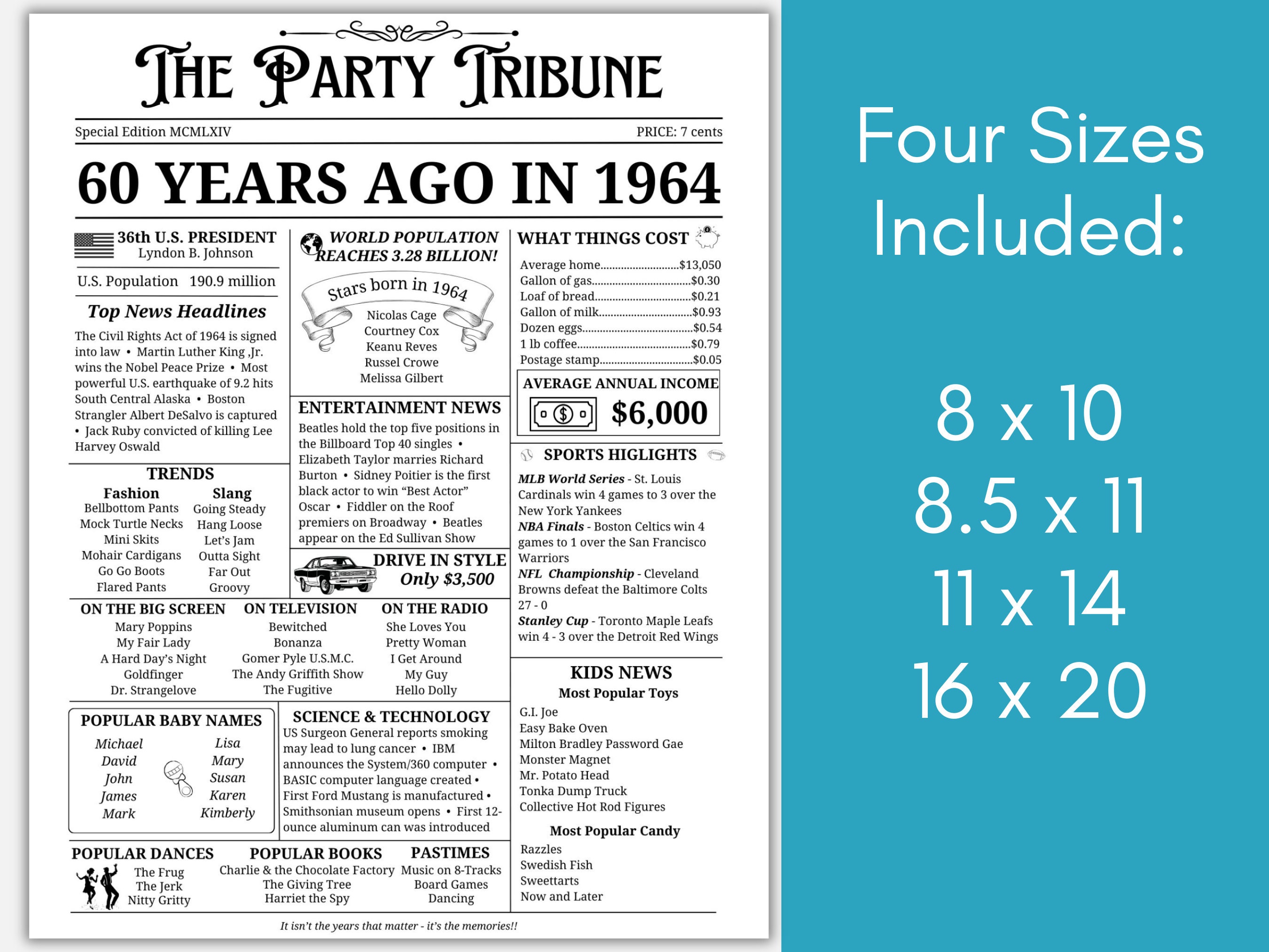 1964 Birthday Poster, 60th Birthday Newspaper, 1964 Newspaper Sign ...