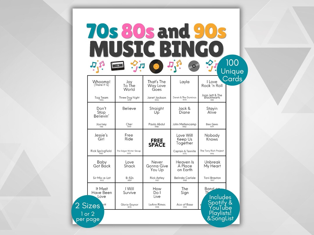 70s 80s 90s Music Bingo, Decades of Hits Bingo, 100 Cards With Playlist ...
