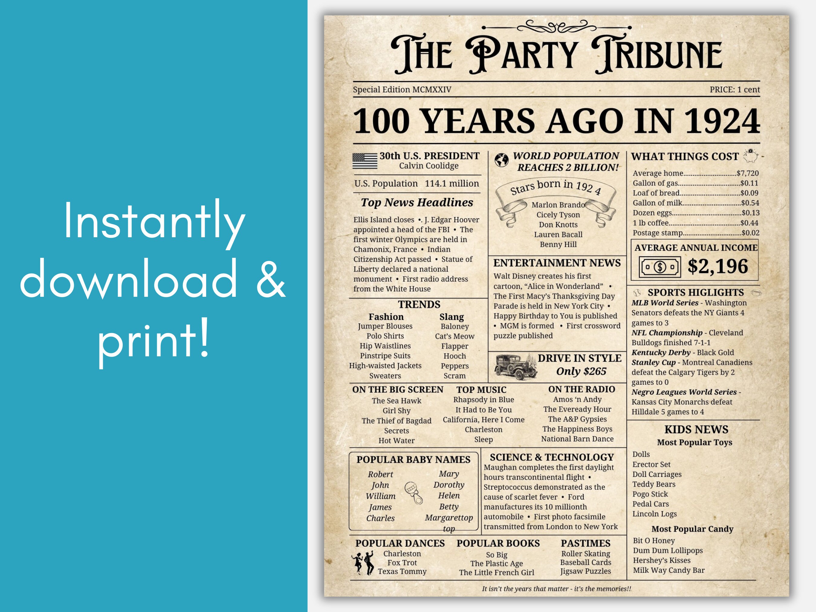1924 Birthday Poster, 100th Birthday Newspaper, 1924 Newspaper Sign ...