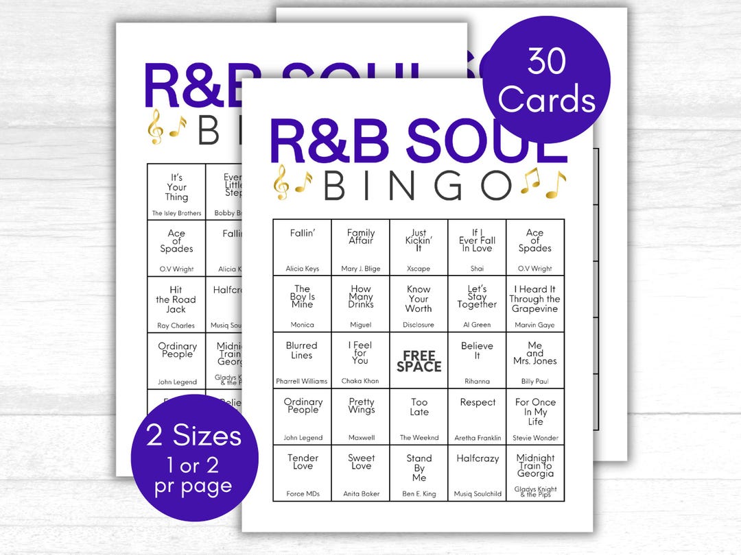 R&B Songs Bingo, RB Music Bingo, Soul Music Bingo, Music Party Activity ...