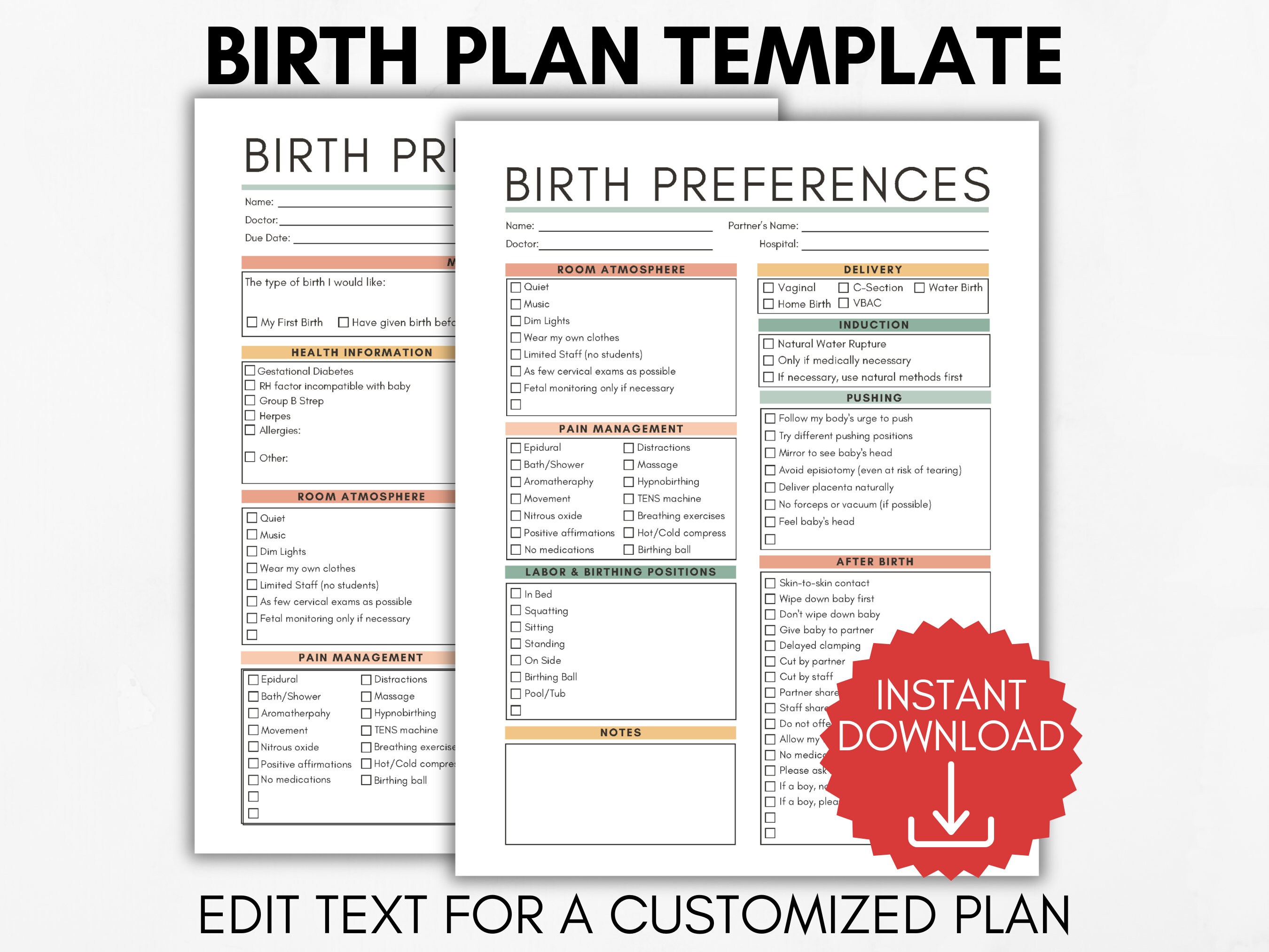 Birth Plan Template, Editable Birth Plan, Printable Birth Plan, Natural ...